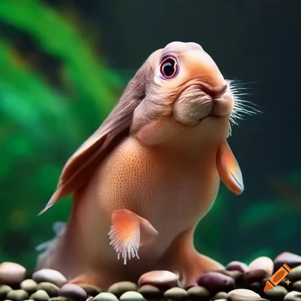 Bunny and fish hybrid organism in an aquatic environment on Craiyon