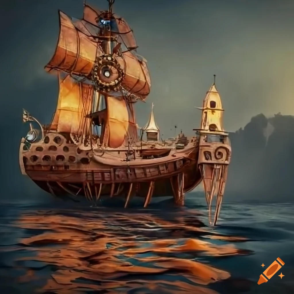 Intricate steampunk sailing boat with colorful sails and futuristic ...