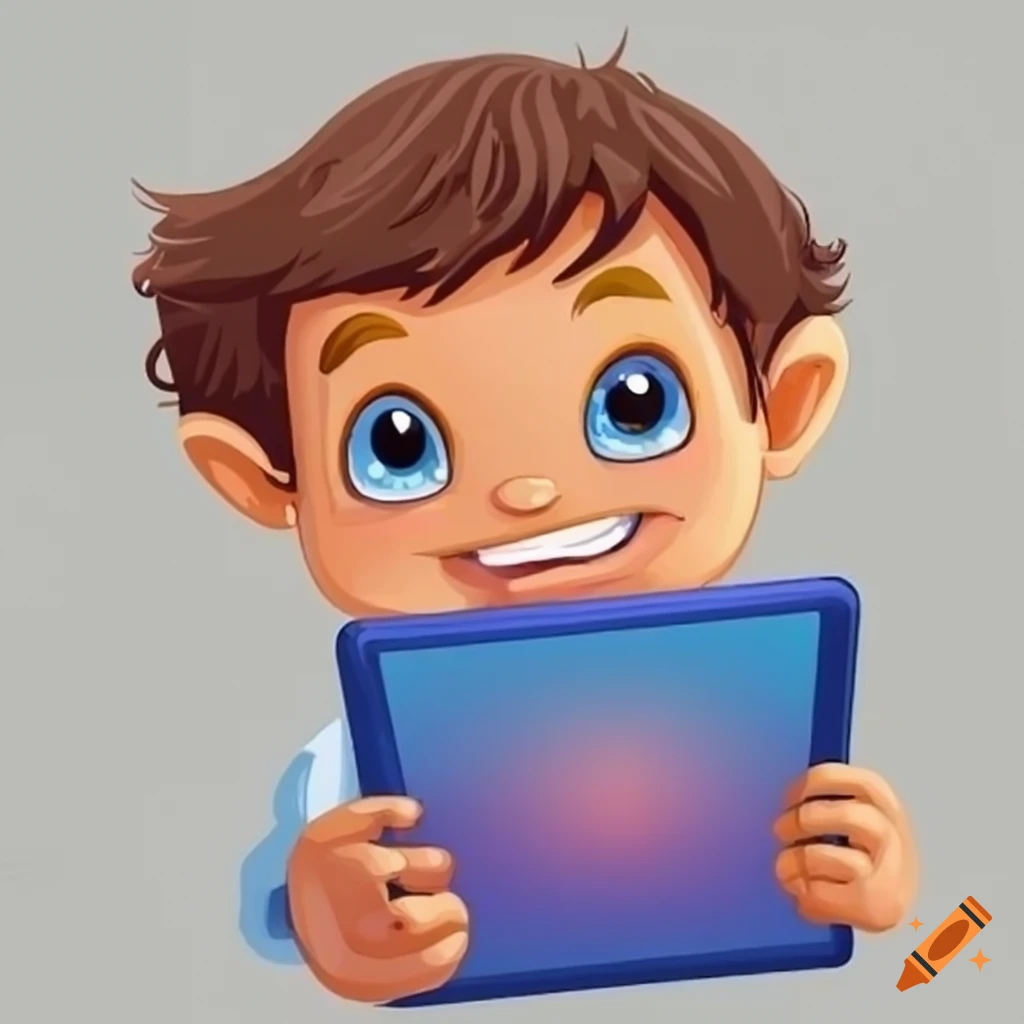 Cartoon kid using an ipad for learning on Craiyon