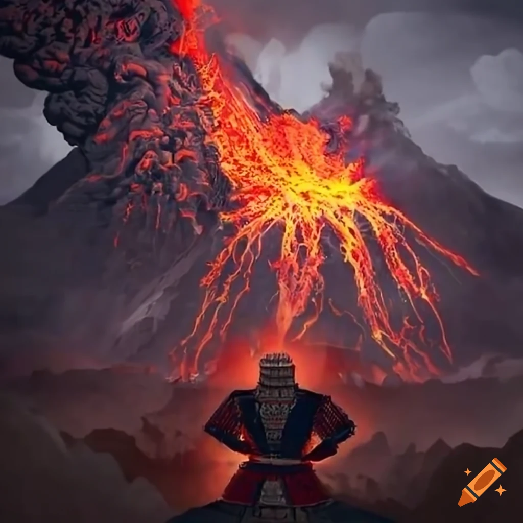 Samurai battle scene with a volcano eruption in the background on Craiyon
