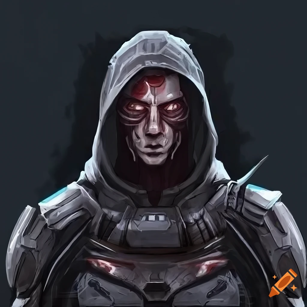 Sci-fi human with scars, black hair, and armor holding a sci-fi sword ...