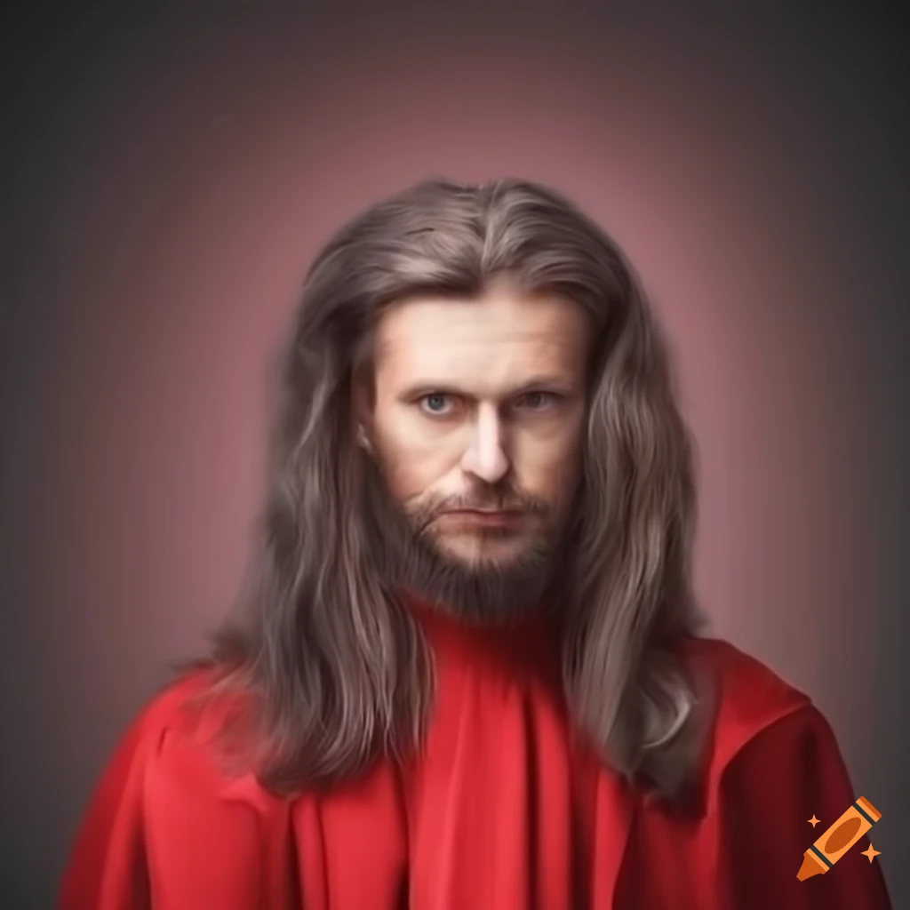 50-year-old man with long hair wearing a red robe on Craiyon