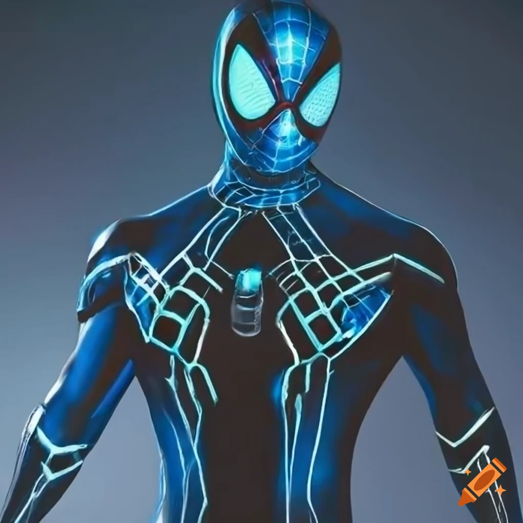 Futuristic Spider-Man in black and blue suit with glowing accents on ...