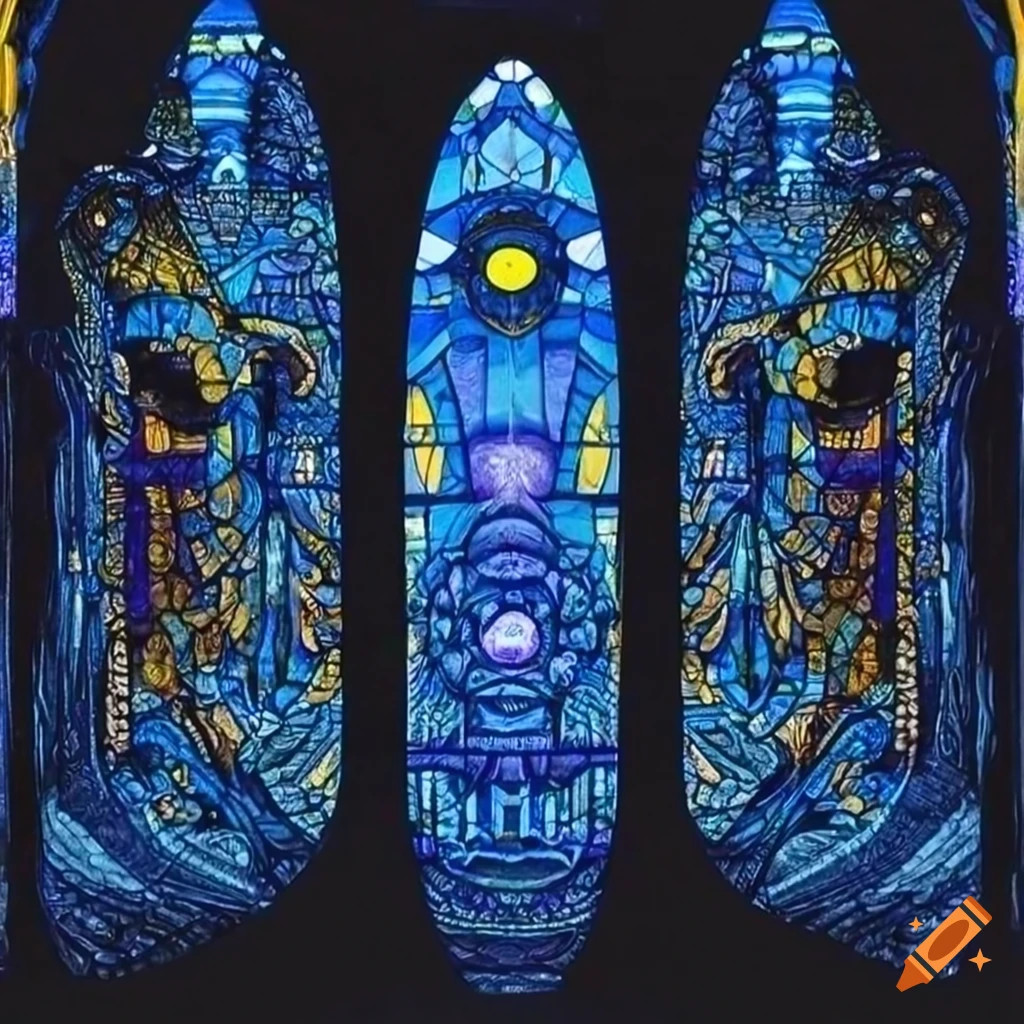Mysterious and colorful mystical scene in stained glass art on Craiyon