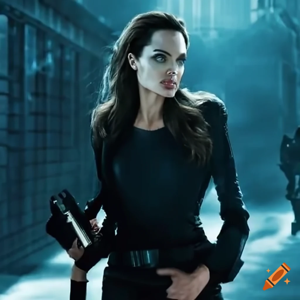 Angelina jolie in action in a movie scene reminiscent of bladerunner on Craiyon