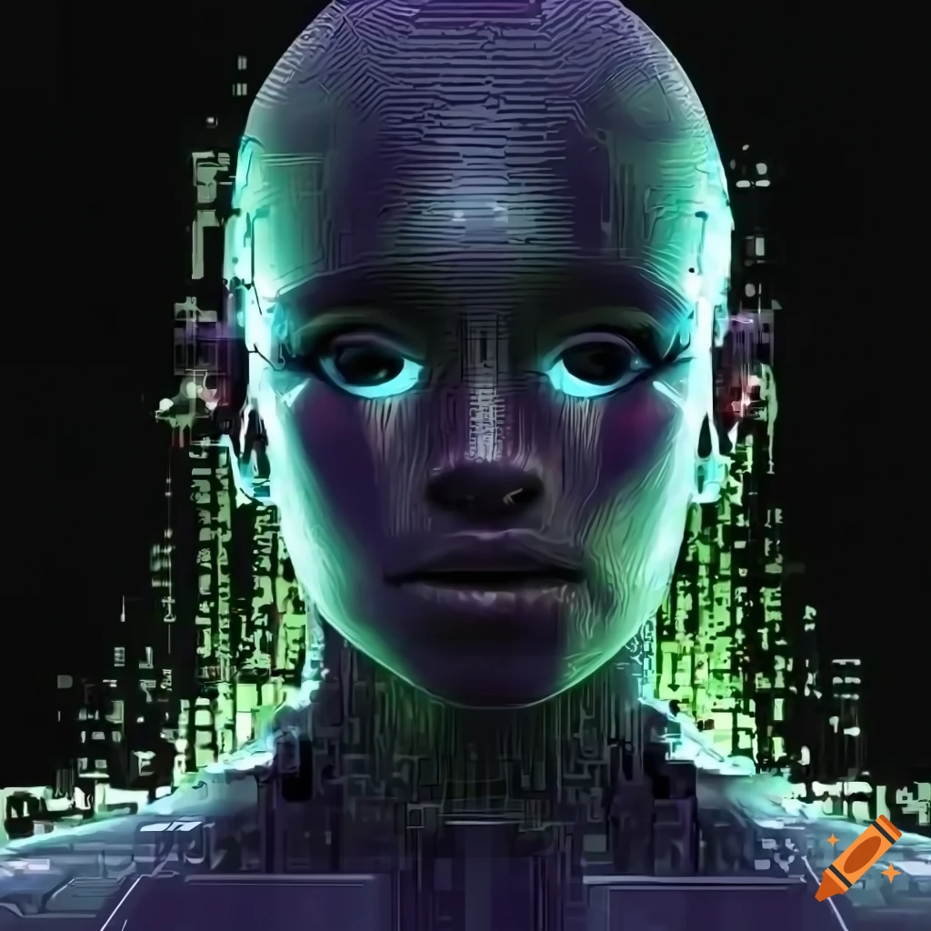 Futuristic computer matrix ai face in an illustration on Craiyon