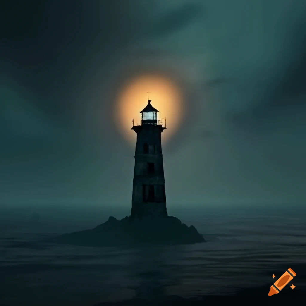 Dark lighthouse with dragon silhouette in the distance on Craiyon