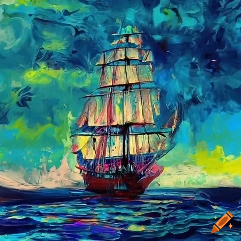Ship sailing on the sea with abstract expressionist background on Craiyon