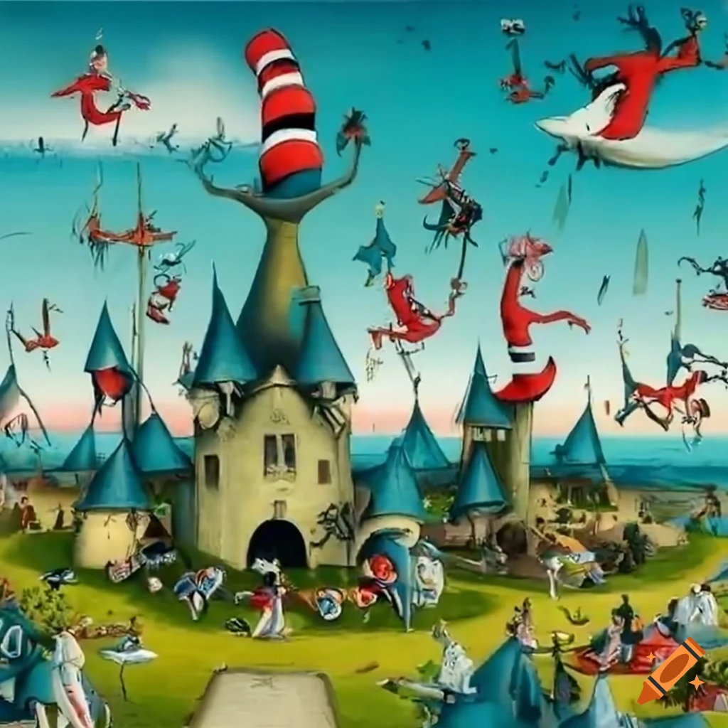 Village backdrop inspired by hieronymus bosch and dr. seuss on Craiyon