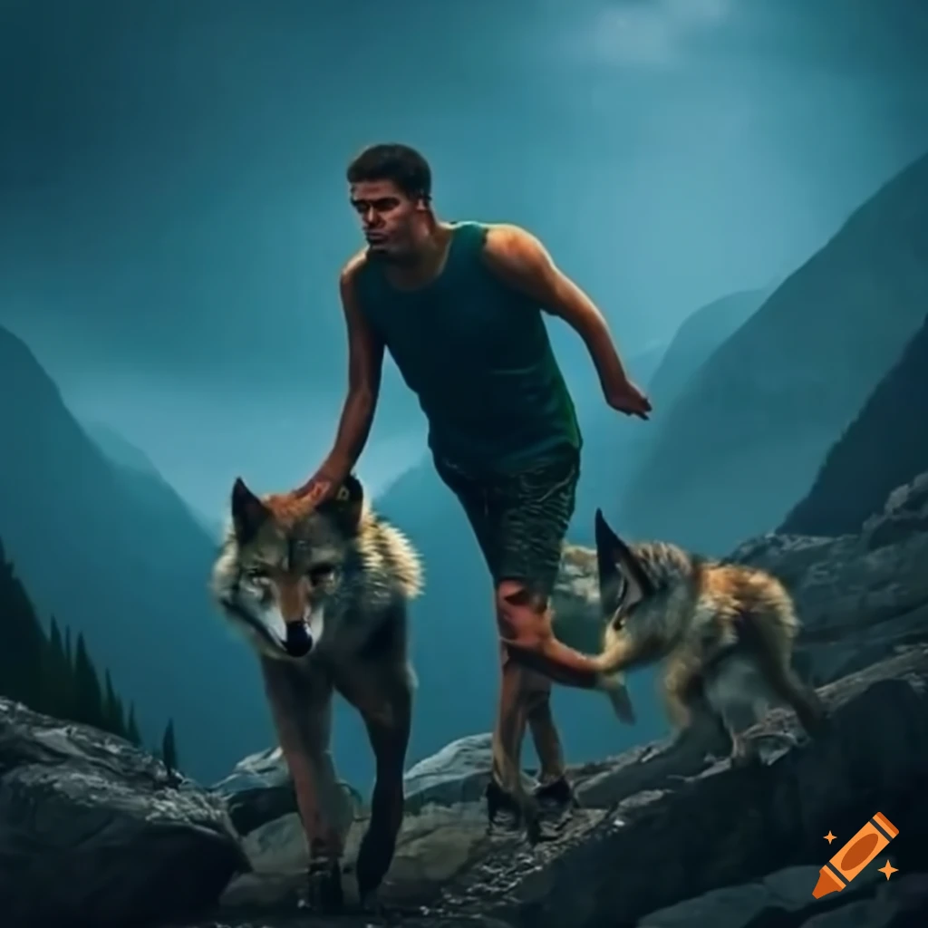 Man running away from a wolf in the mountains on Craiyon