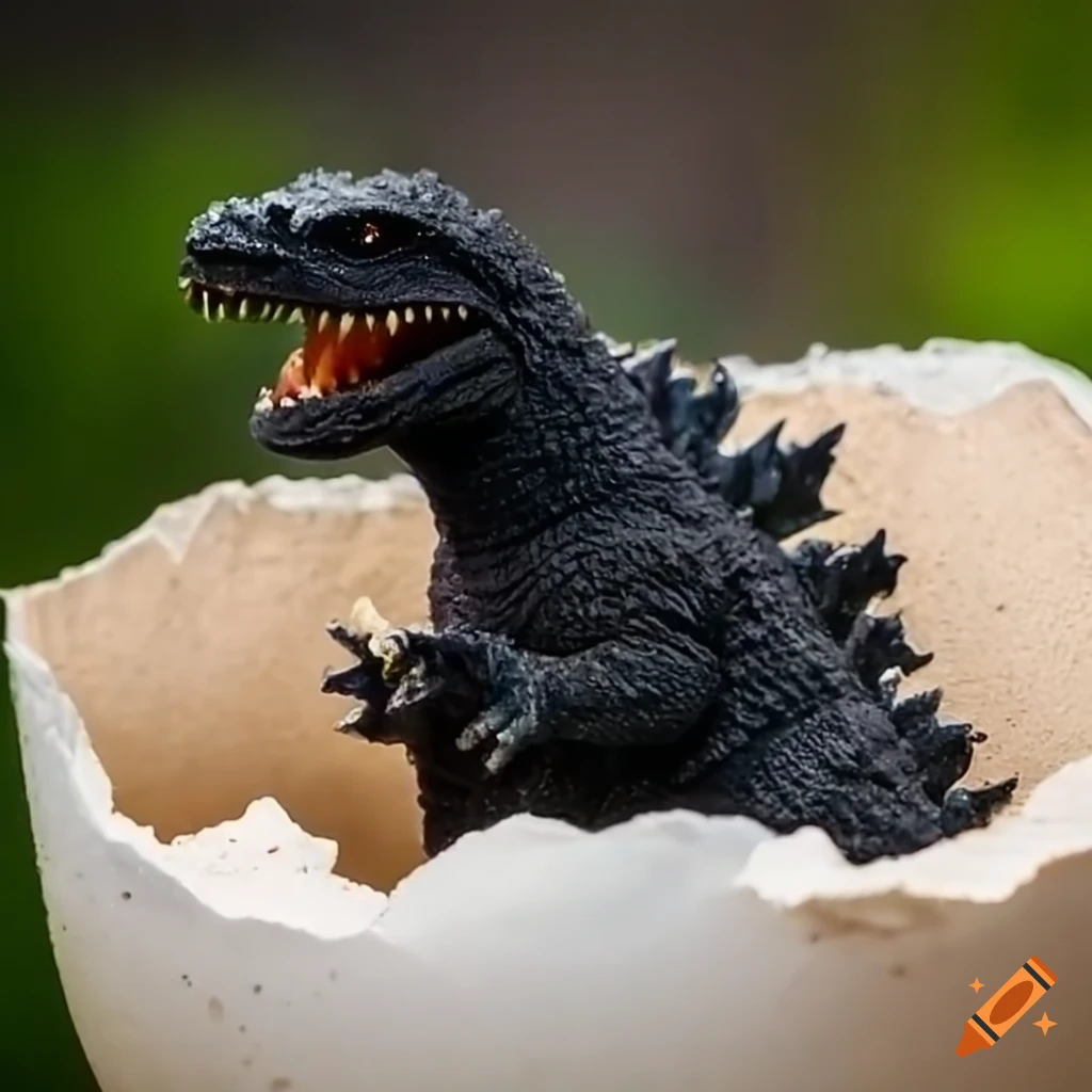 Adorable baby godzilla hatching from an eggshell on Craiyon