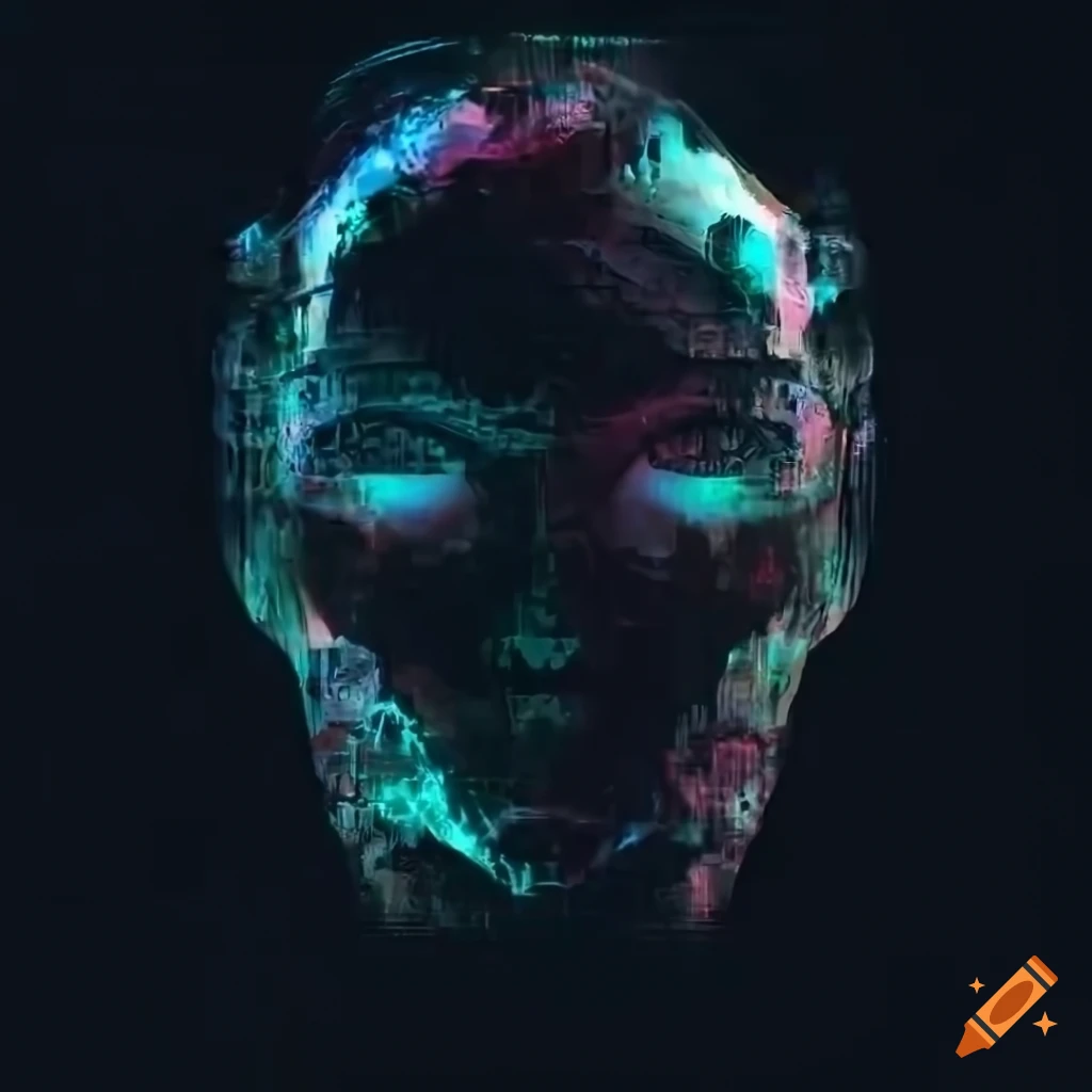 Abstract techno image with a transparent face and dark factory smog ...