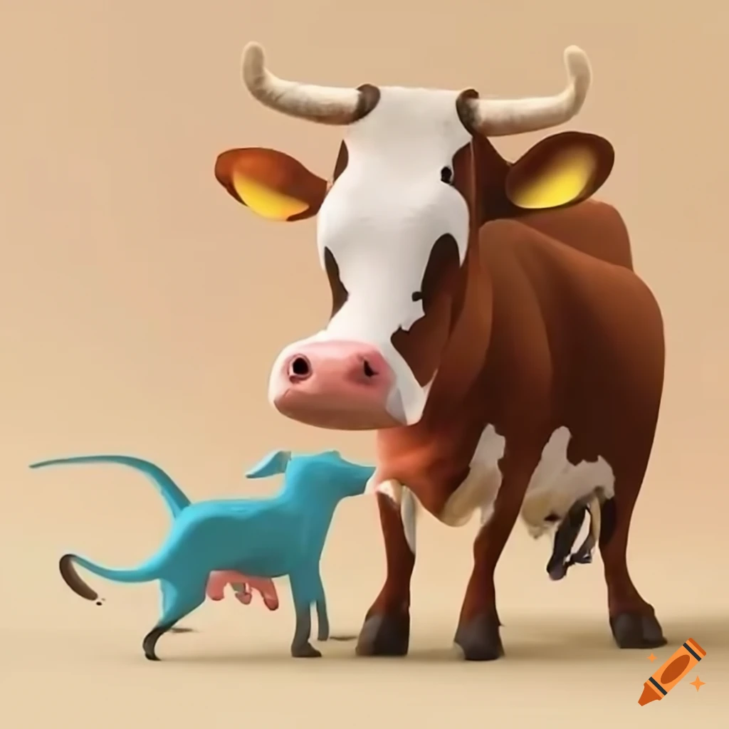 Cow and mouse in a playful scuffle on Craiyon