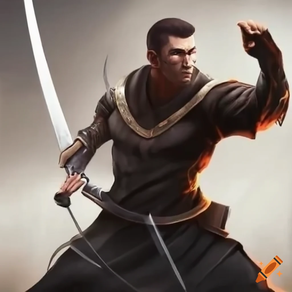 Wide shot of a sword man training on Craiyon