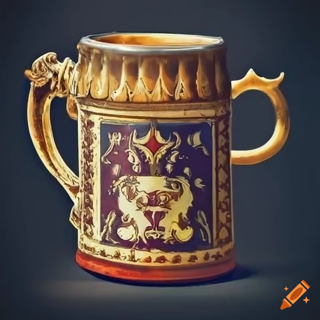 Detailed medieval crest with an ale mug in the center on Craiyon