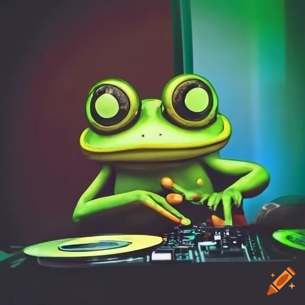 Frog dj at a music festival on Craiyon