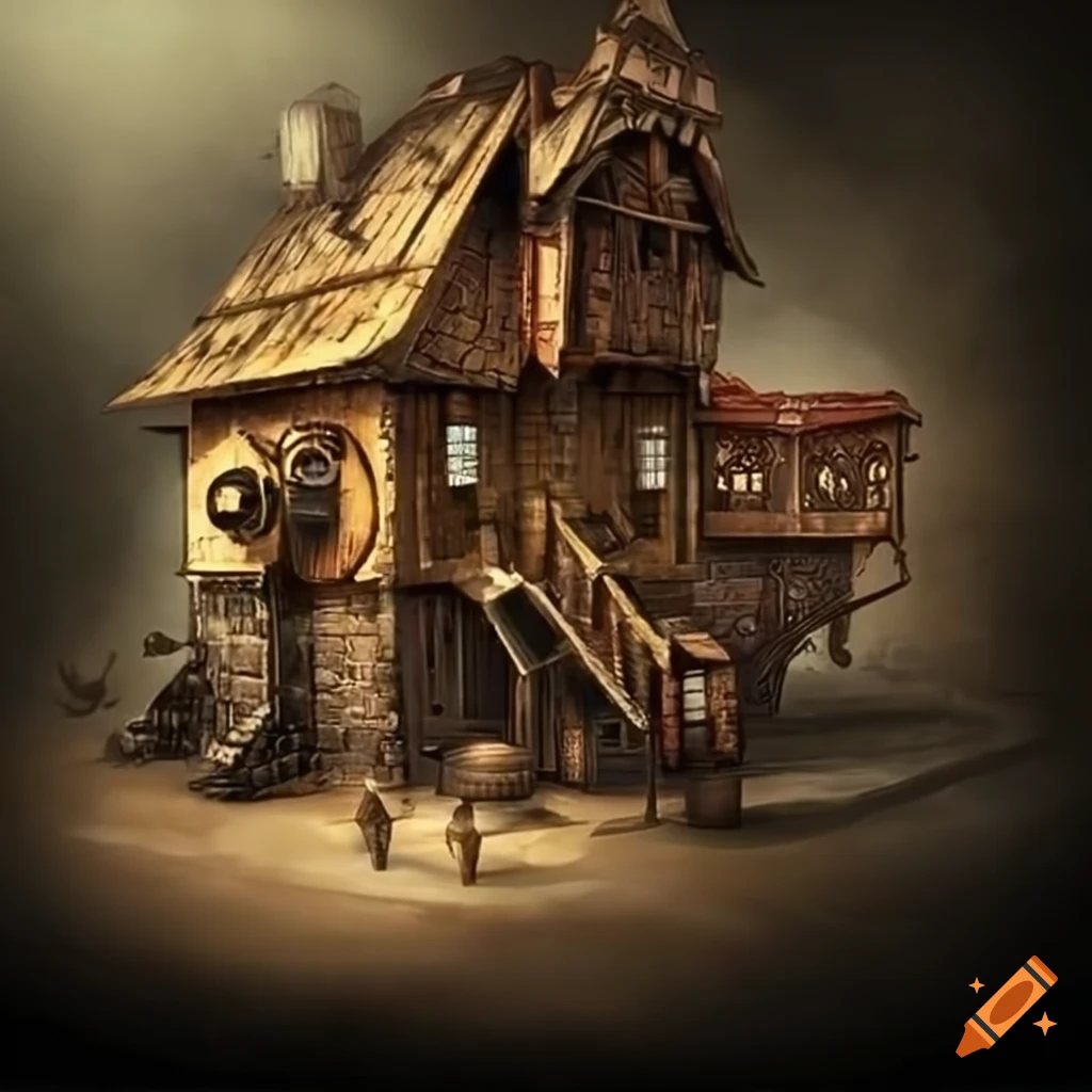 Steampunk thatch roof tavern in a steampunk city on Craiyon