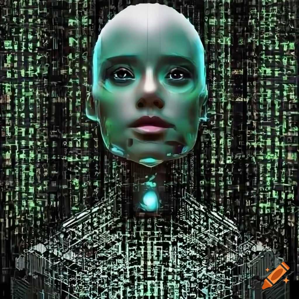 Futuristic illustration of a computer matrix ai face on Craiyon