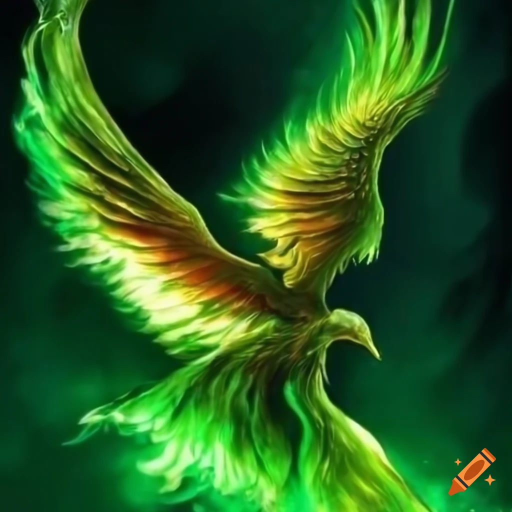 Green phoenix aflame in the dark night with green flames on Craiyon