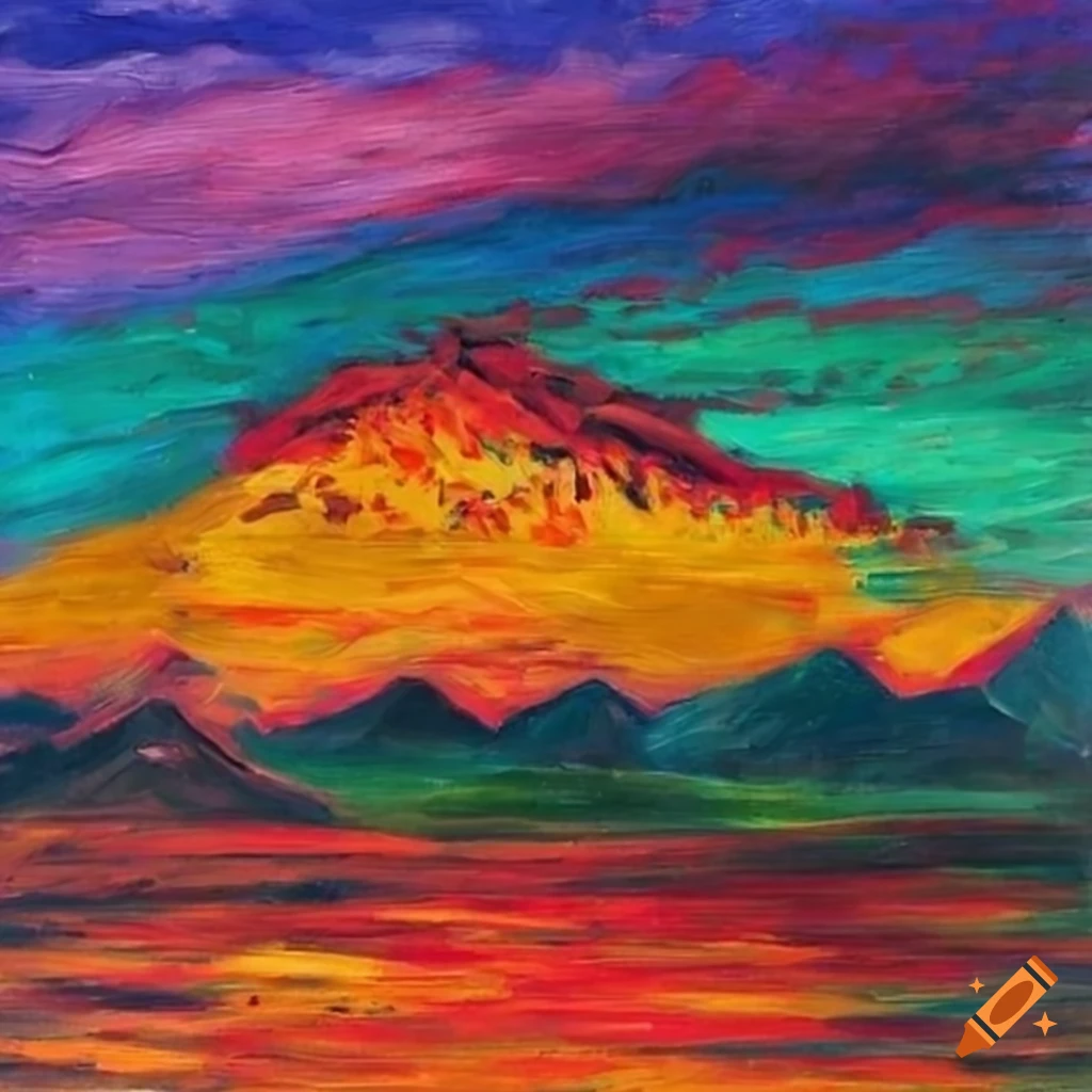 Textured mountain oil painting with diagonal composition on Craiyon