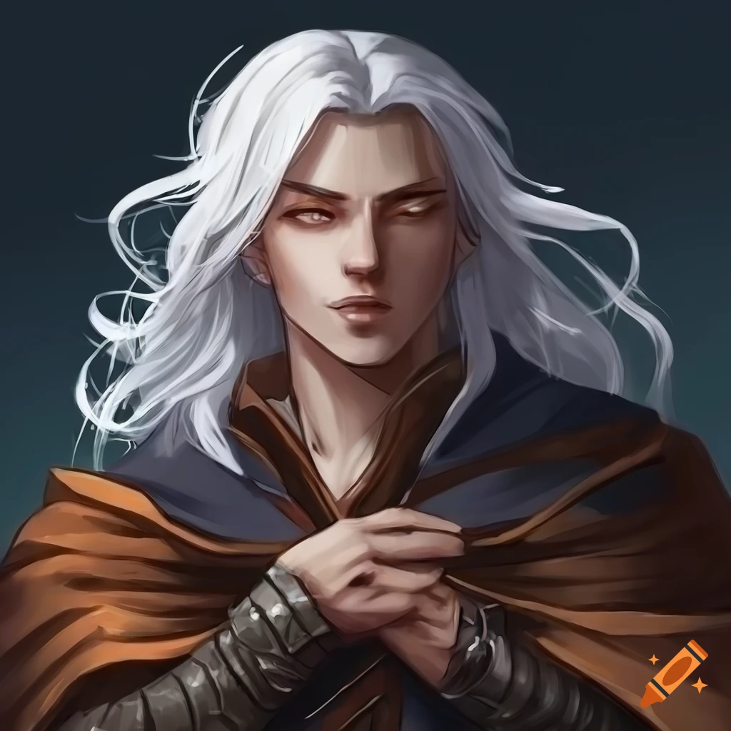 Handsome male half-elf ranger with white long wavy hair in anime style ...