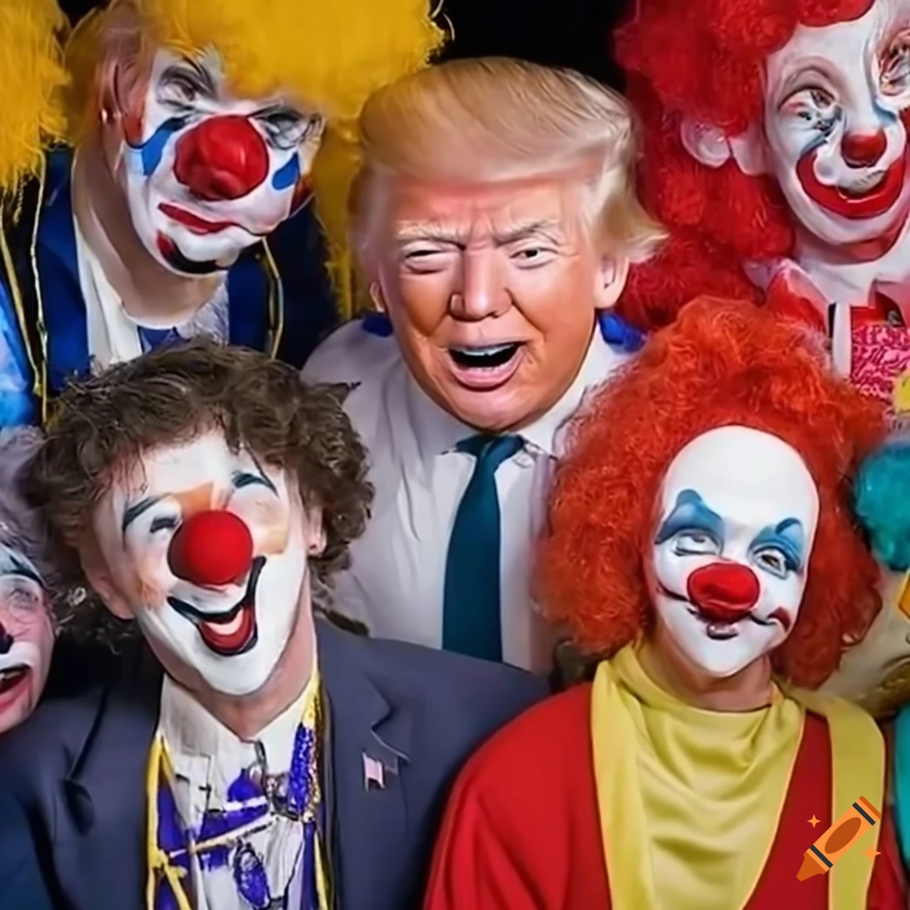Satirical scene with donald trump lifted by clowns on Craiyon