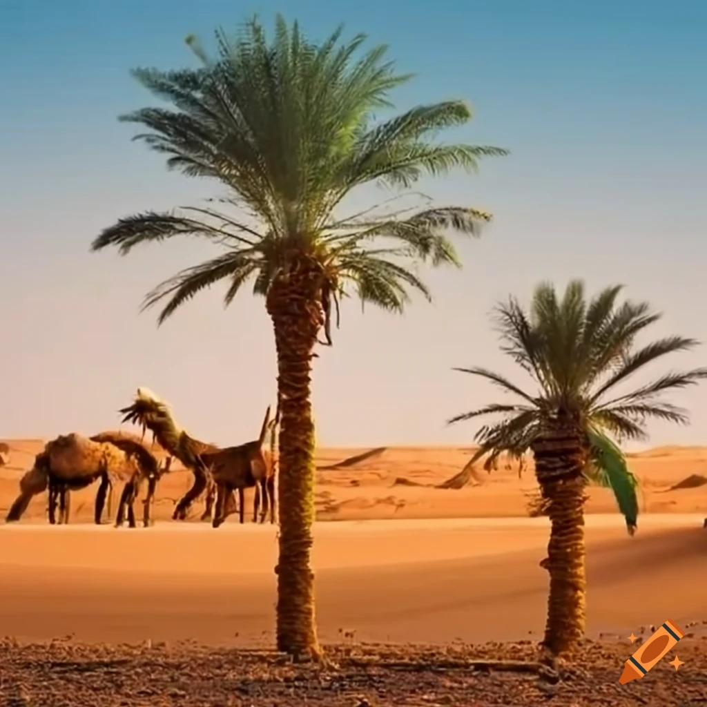 Traditional saudi arabian farmland with palm trees and camels on Craiyon