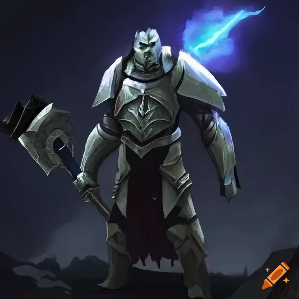 Goliath lightning paladin in heavy armor with war hammer and shield on ...