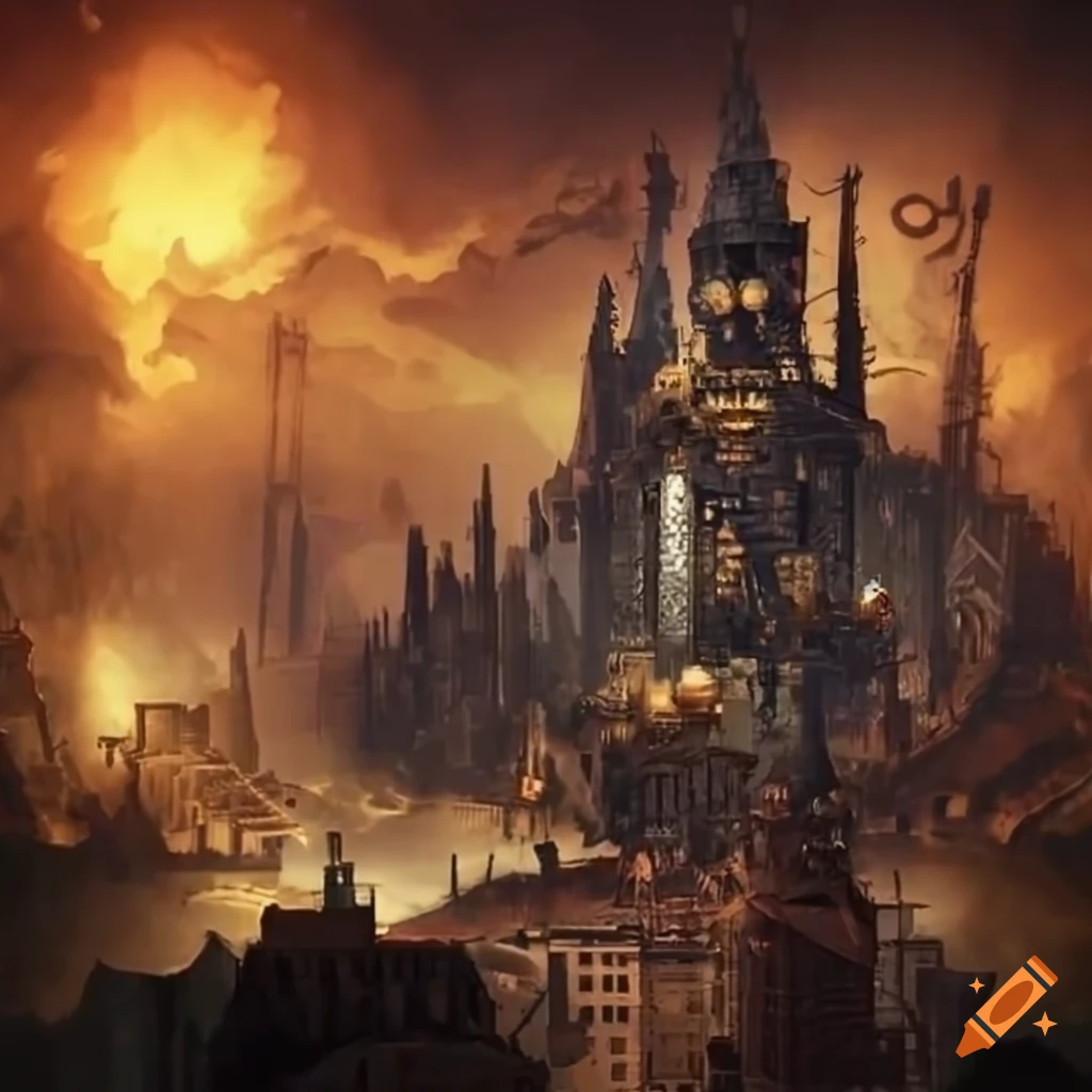 Steampunk mining district in a city on Craiyon