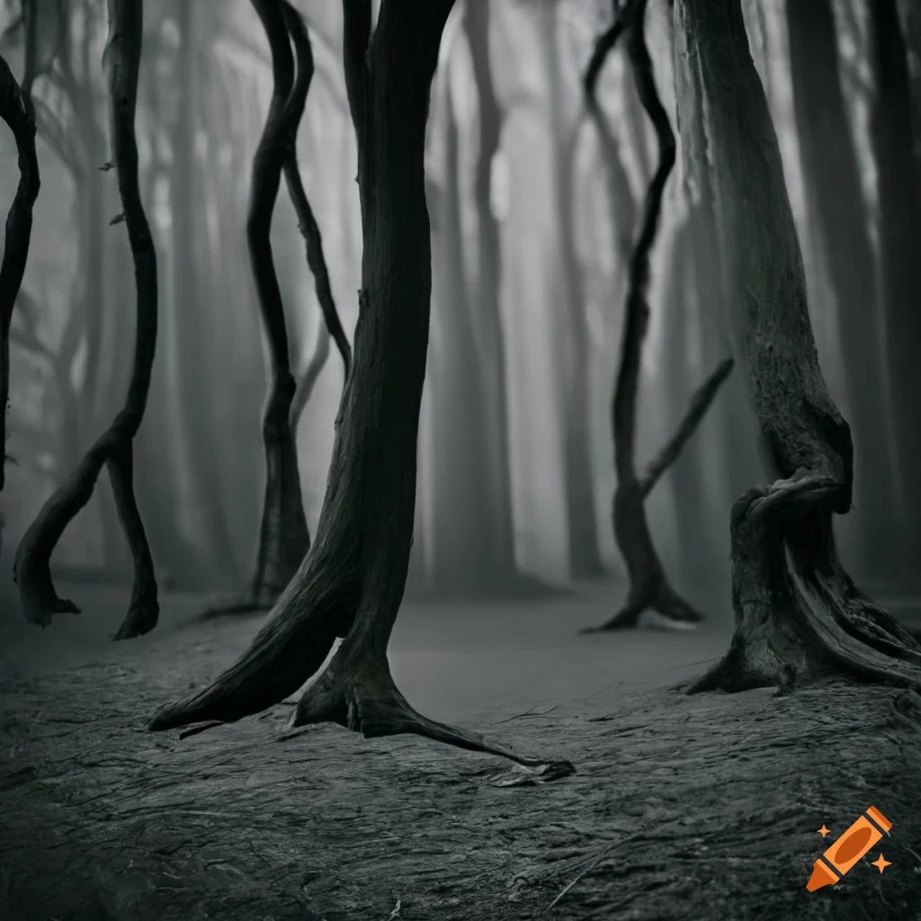 Enchanting dark forest with twisted gnarled trees on Craiyon