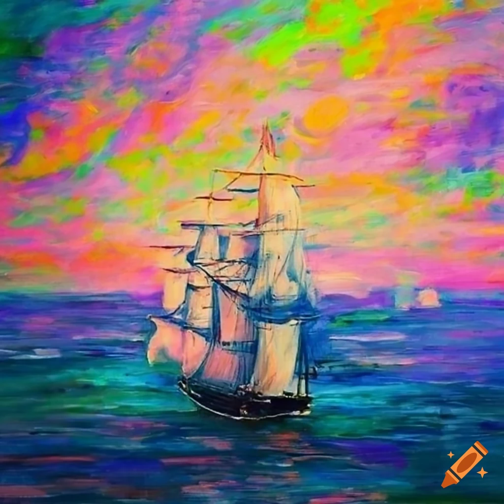 Ship sailing on the sea with abstract expressionist background on Craiyon