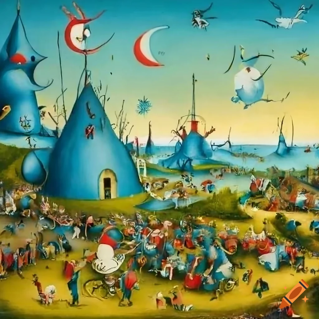 Eclectic village landscape scene inspired by hieronymus bosch and dr ...