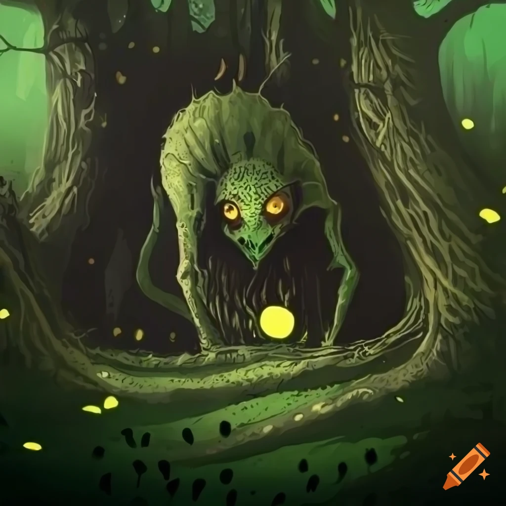 Anthropomorphic tree monster in a dark enchanted forest with fireflies ...
