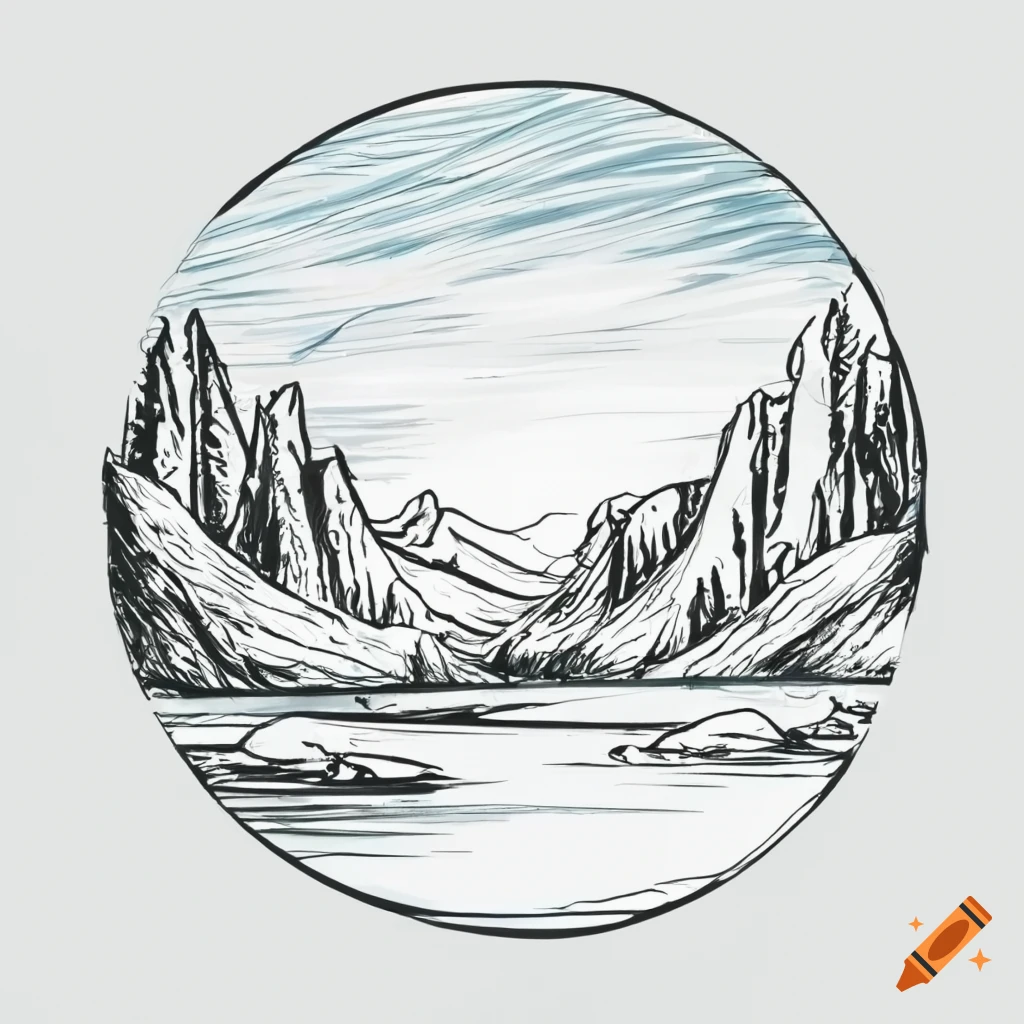 Outline sketch of a creek with trees and mountains on Craiyon