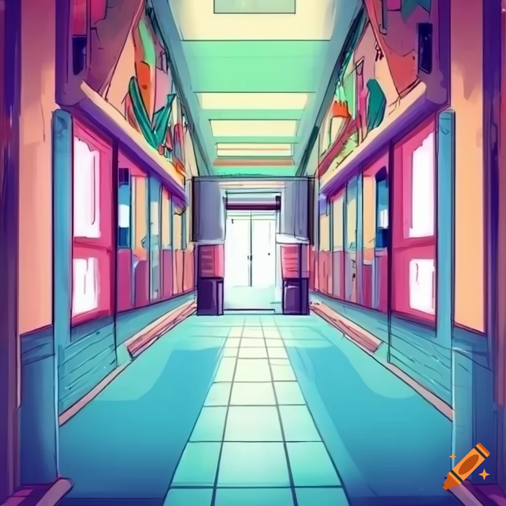 Vibrant anime-style illustration of a school hallway on Craiyon