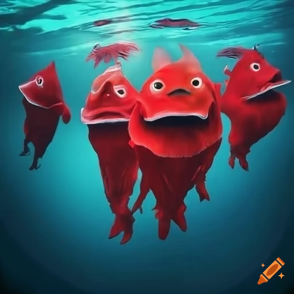 Three people dressed as red fish with fish masks in a surreal ...