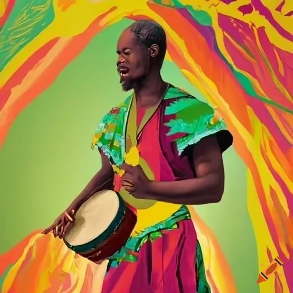 Man in Jamaican attire playing a drum on a vibrant reggae album cover ...