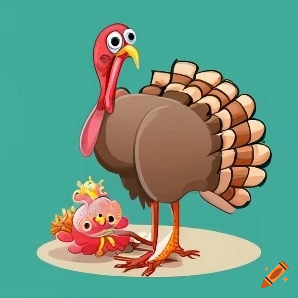 Mother turkey caring for her chick in a colorful cartoon style on Craiyon