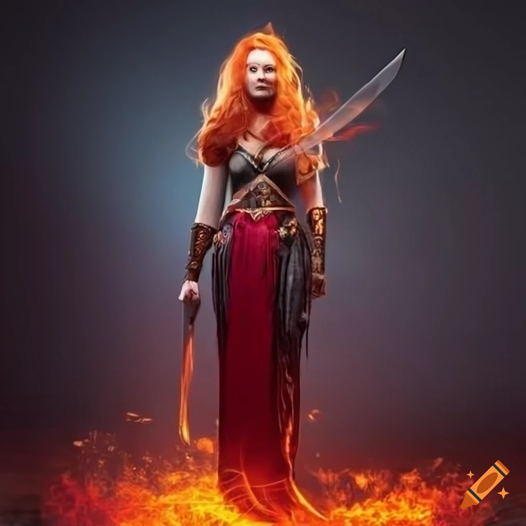 Magus Warrior Woman With Red Hair And Flaming Sword In Full Body Portrait On Craiyon