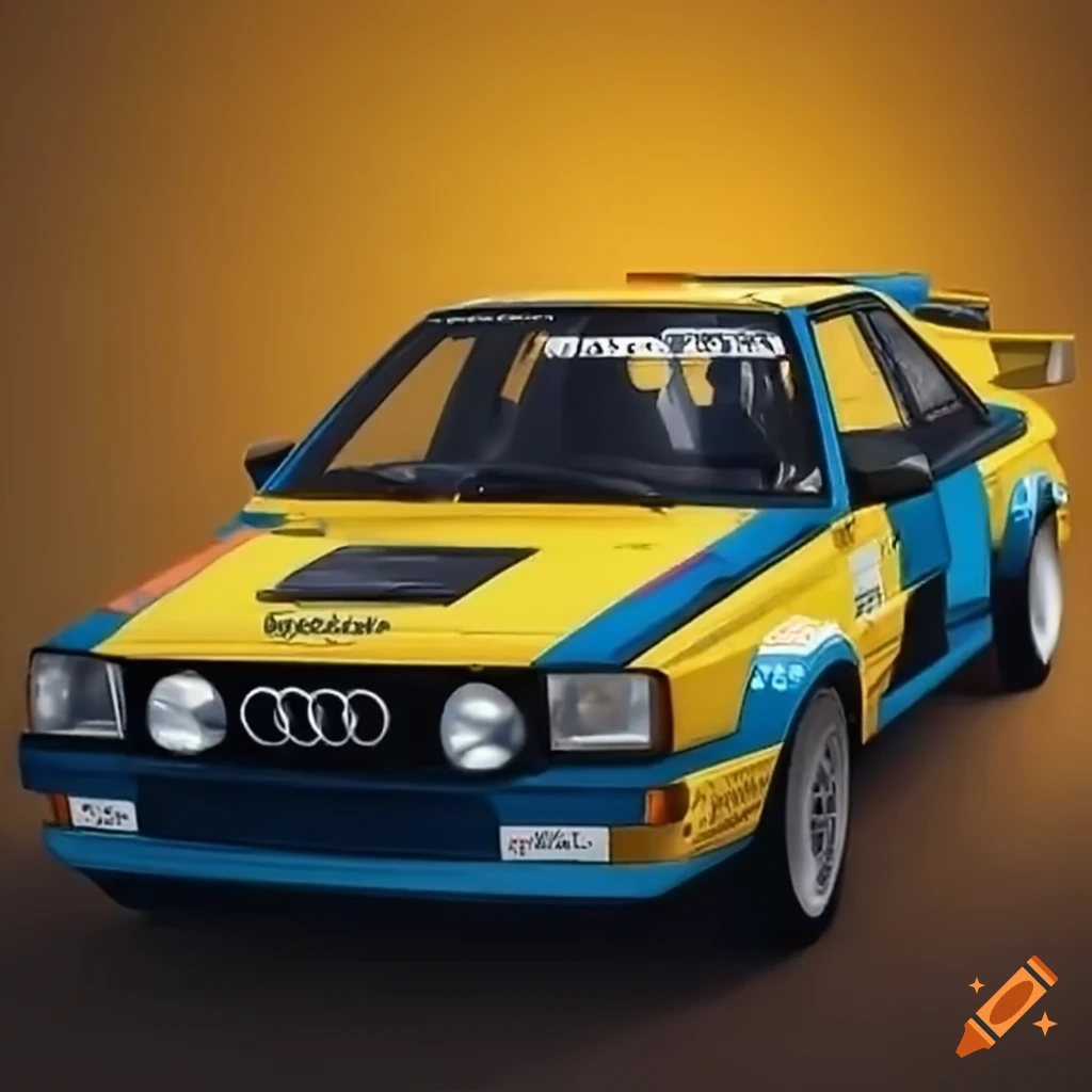 Audi quattro rally car with blue, white, and yellow paint job on Craiyon