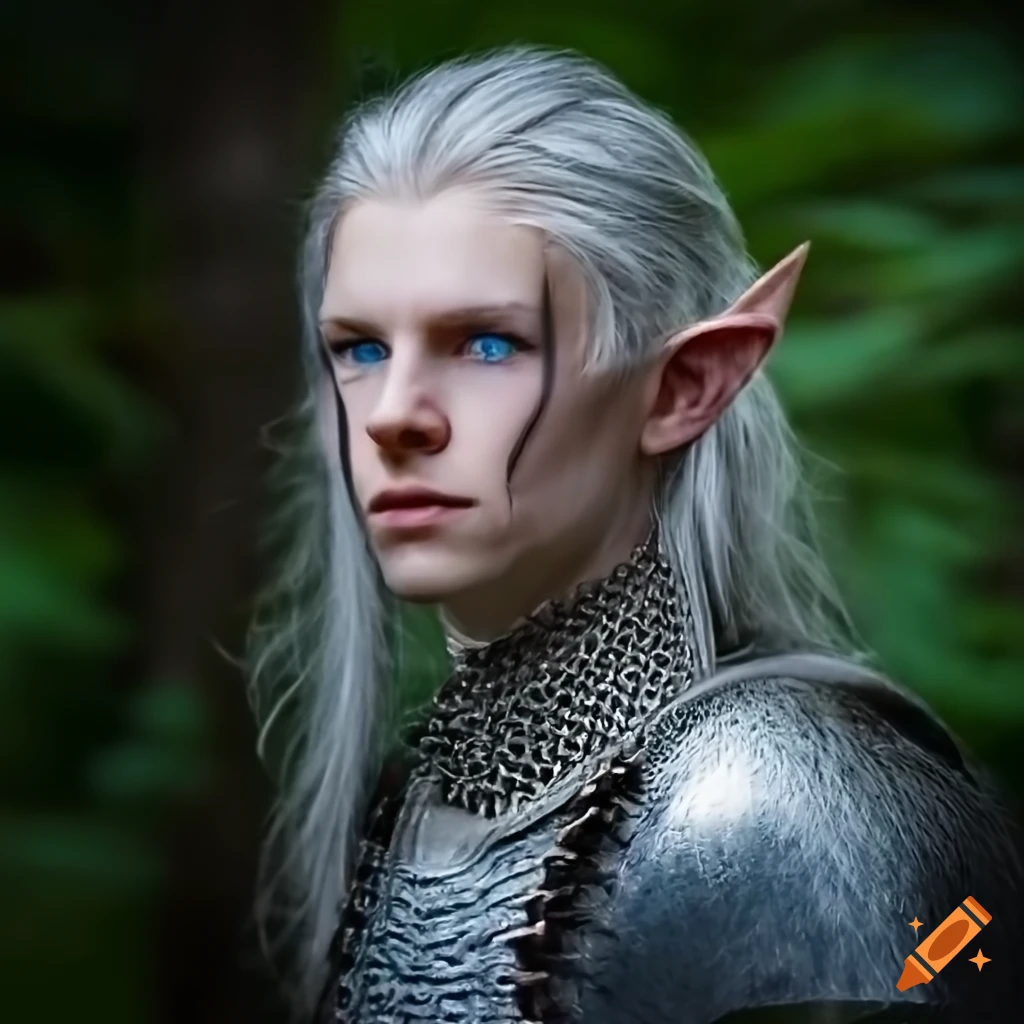 Wild elf with mail armor and long silver hair exuding a benevolent aura ...