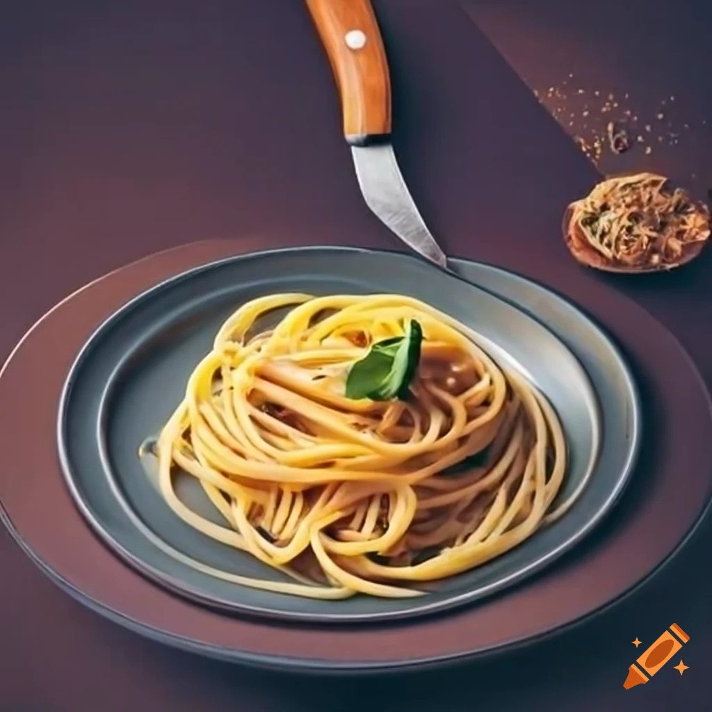 Organic spaghetti pasta dish with a kitchen knife on Craiyon