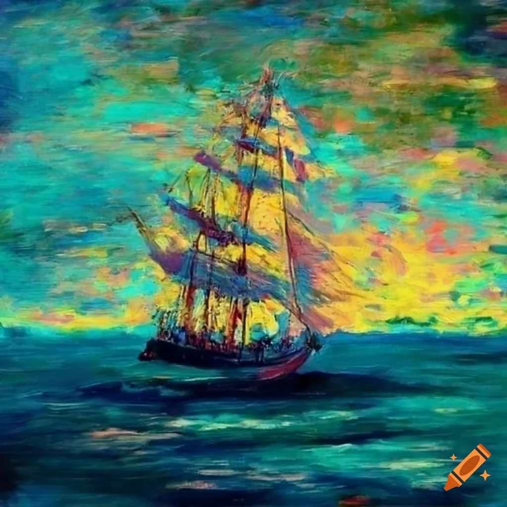 Ship sailing on the sea with abstract expressionist background on Craiyon