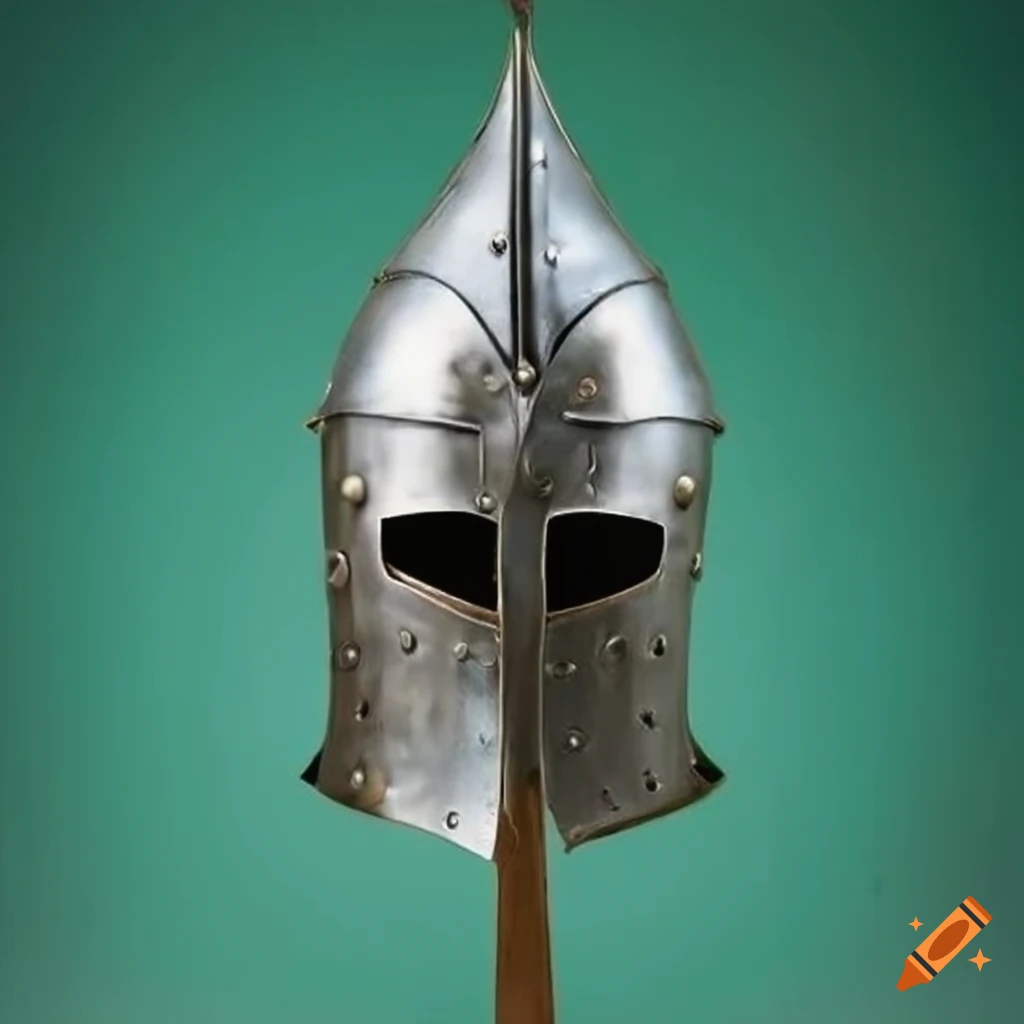 Medieval helmet with sun ornament on plain green background on Craiyon