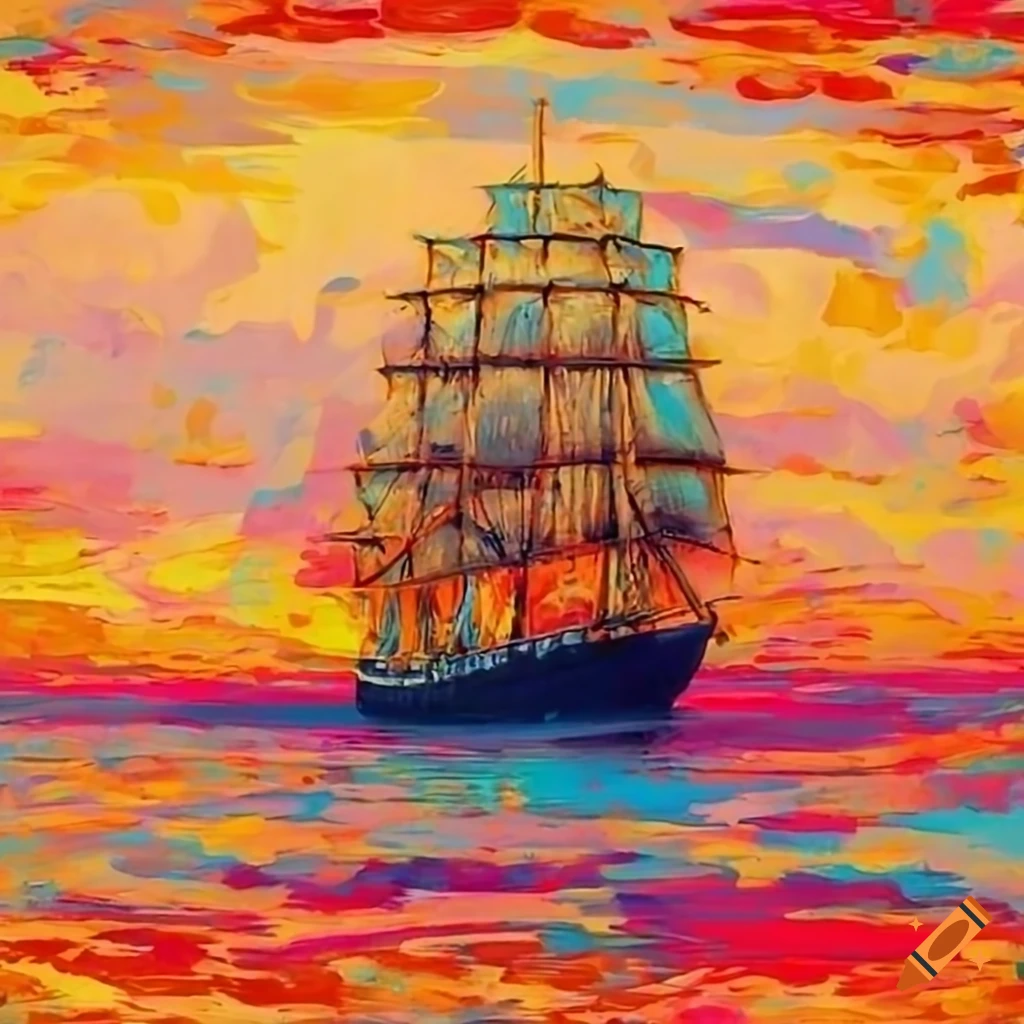 Ship sailing on the sea with abstract expressionist background on Craiyon