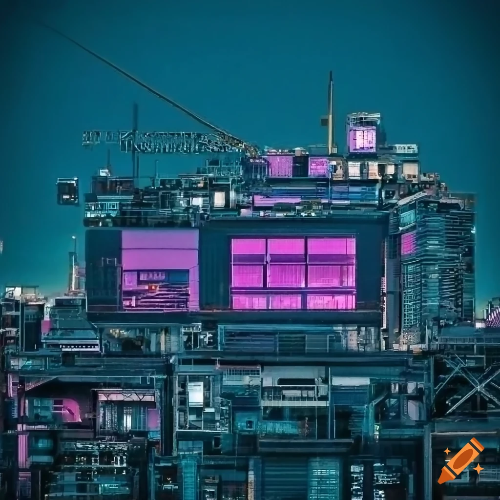 Lo-fi cyberpunk cityscape view from a high building with flying ...