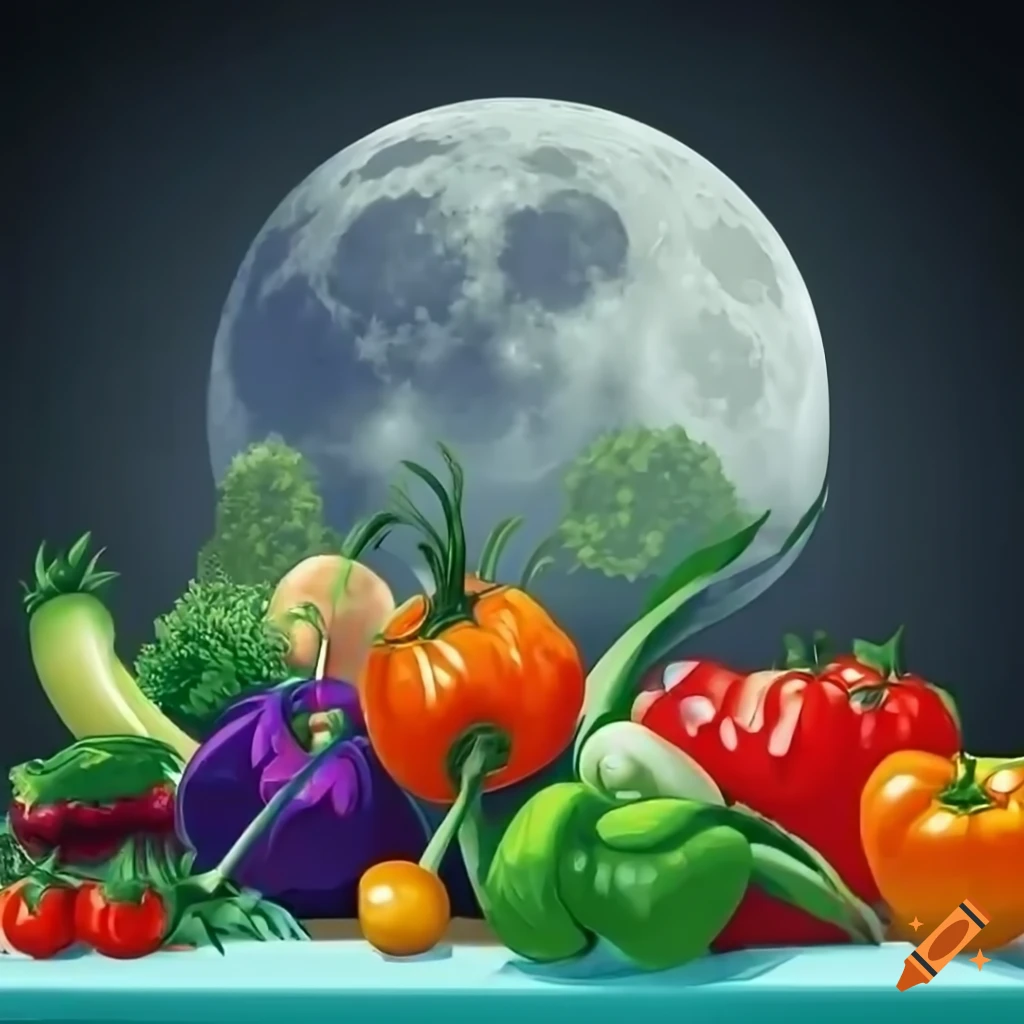 Colorful vegetables on a table under a full moon in a still life ...