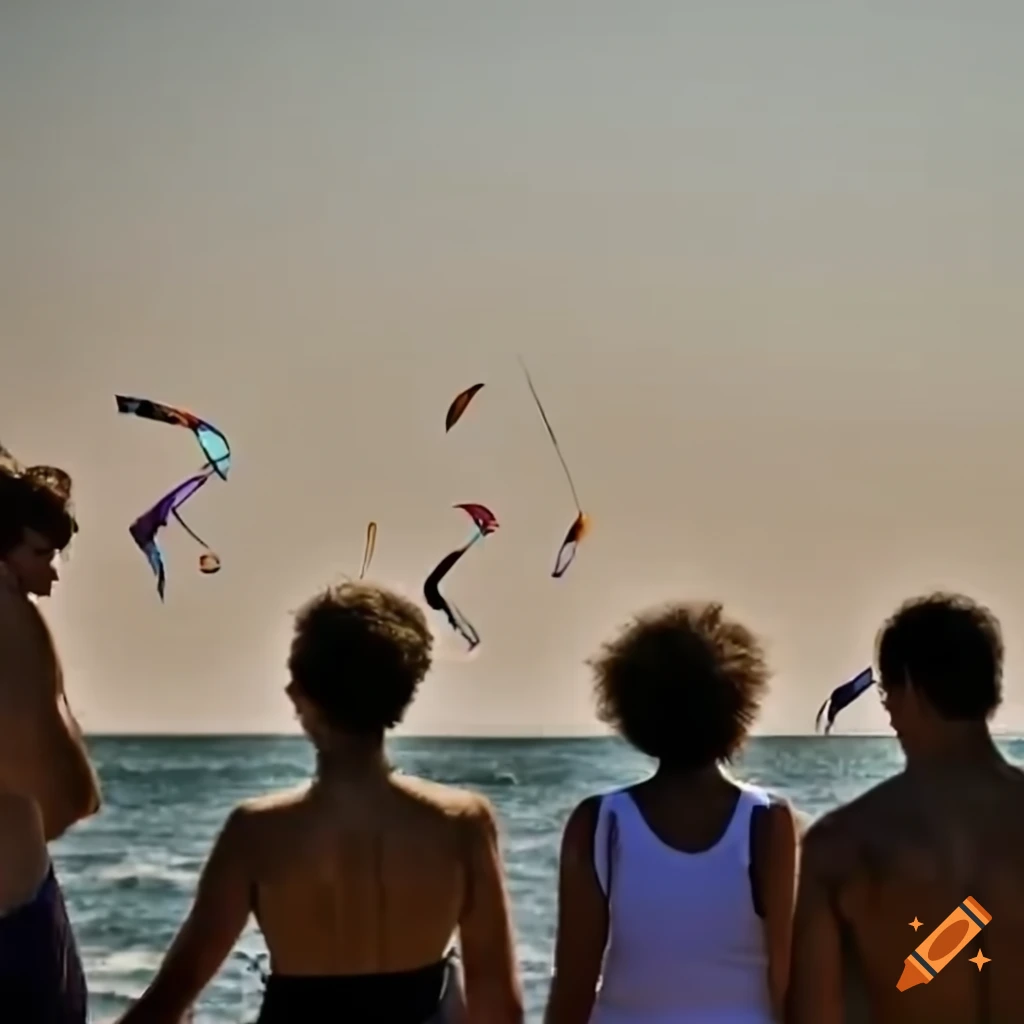 Diverse group of people watching kites on the beach on Craiyon