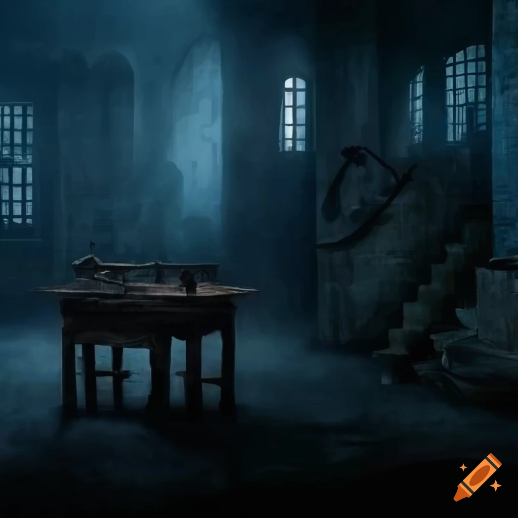 Steampunk medieval prison complex interior at night with monks in a ...