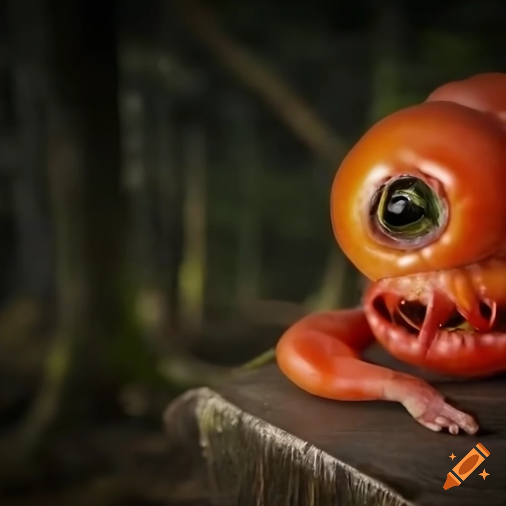 Close-up portrait of the rotten tomato fruit monster in a micro ...